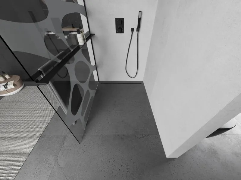 Mexen Kioto+ L, sprchová zástěna Walk-In s poličkou a věšákem 100 x 200 cm, 8mm čiré sklo bílý vzor, ​​černý profil, 800-100-123-70-97