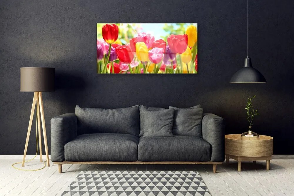 Obraz na skle Tulipány Květiny Rostlina 140x70 cm