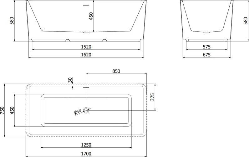 Mexen Nila, volně stojící rýhovaná vana 170 x 75 cm, bílá-černá, grafitový přepad, 52841708075-95