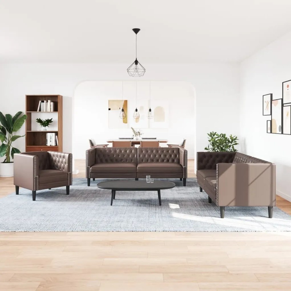 3dílná sedací souprava Chesterfield hnědá umělá kůže 3209269