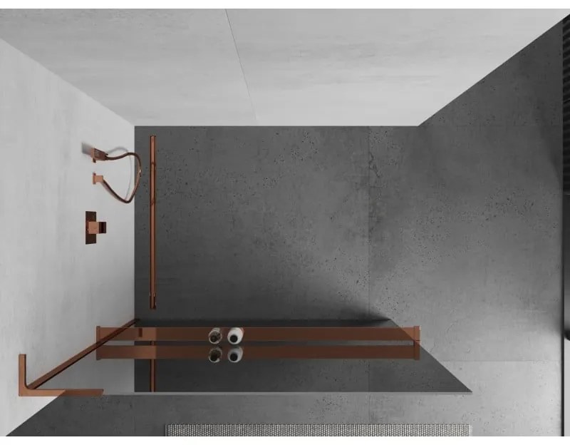 Mexen Kioto+ L, sprchová zástěna Walk-In s poličkou a věšákem 100 x 200 cm, 8mm sklo vzor zrcadlo, růžové zlato profil, 800-100-123-60-50