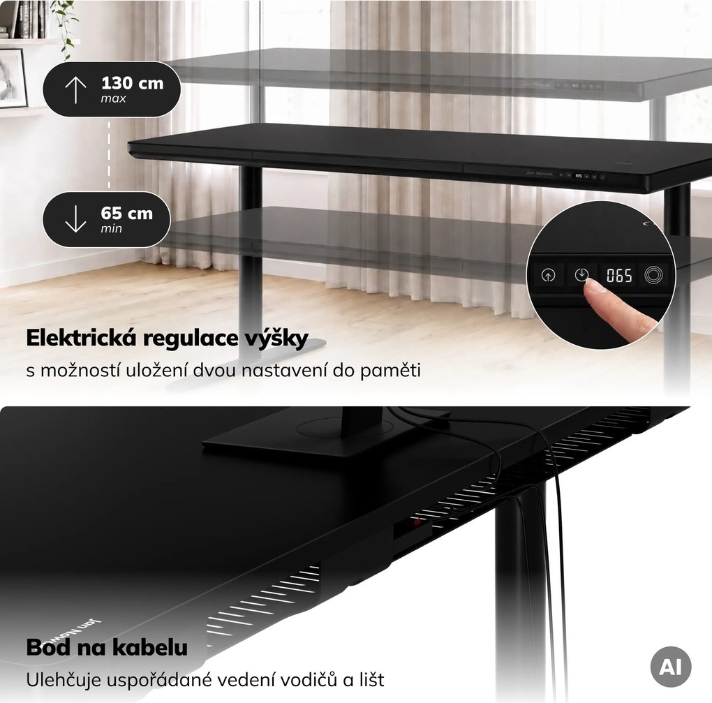 Elektrický psací stůl sit-stand se zásuvkou a bezdrátovou nabíječkou Qi černý, 1600 mm: ELLIS