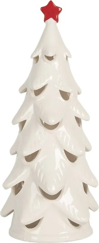 Bílý keramický LED stromeček s červenou hvězdou - Ø 11*25 cm