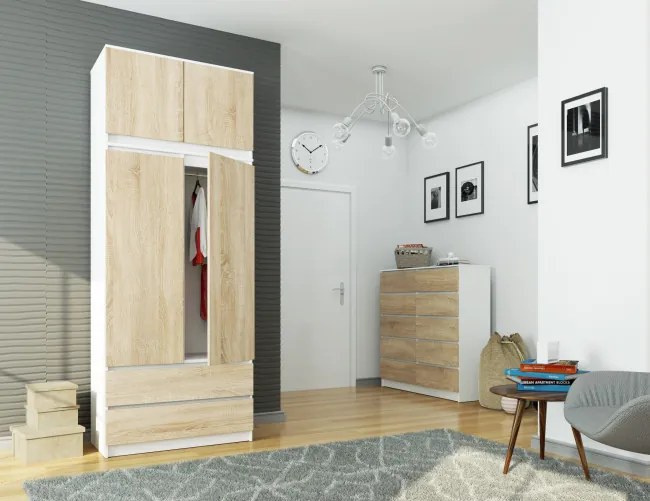 Skříň s nástavcem S 90 cm 2D 2SZ CLP bílá / sonoma
