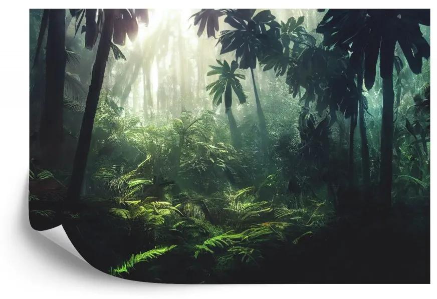 Fototapeta Dark Rainforest, Sun Rays Through The Trees, Rich Jungle Greenery. Atmospheric Fantasy Forest. 3D . Vliesová tapeta 152.5x104