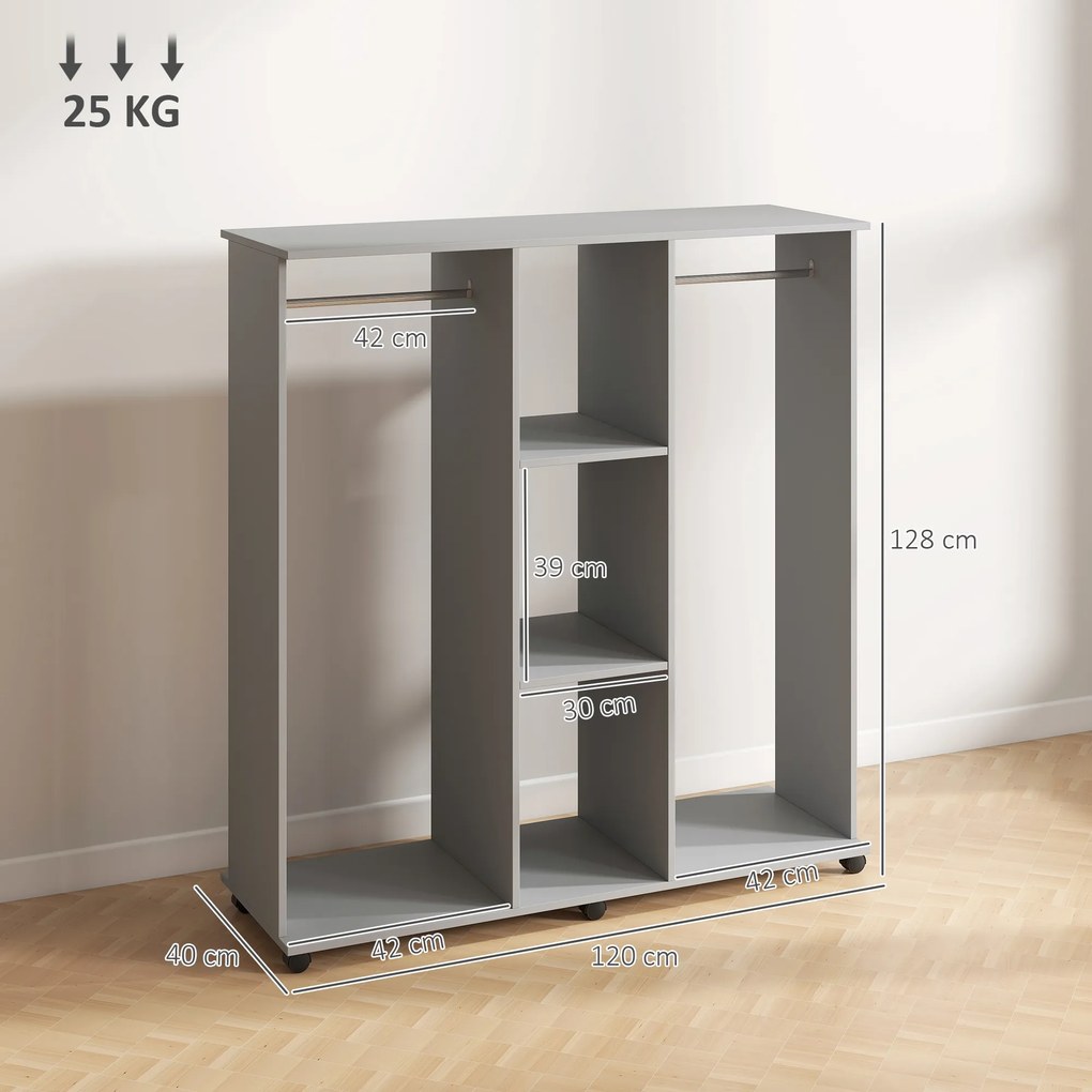 HOMCOM Šatní skříň s tyčí na oblečení, mobilní úložný nábytek 6 koleček 120 x 40 x 128 cm, šedá