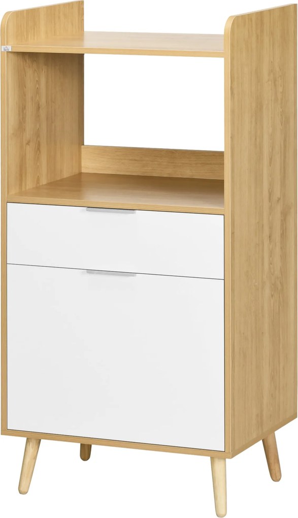HOMCOM Kuchyňský vozík v severském stylu pro mikrovlnku s skříňkou, zásuvkou, nastavitelnou policí - 58 x 40 x 118 cm - přírodní a bílý
