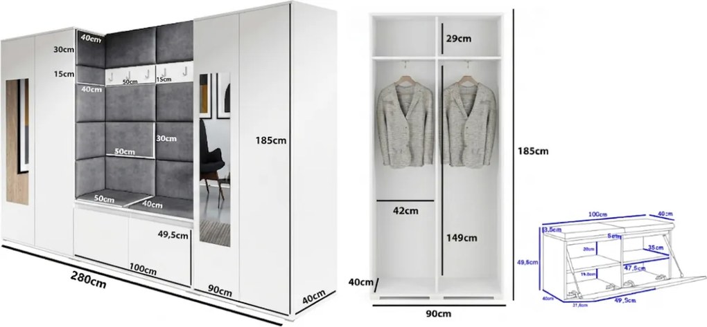 Předsíňová stěna Trinity 10 s čalouněnými panely, 280 cm, bílá / olivová