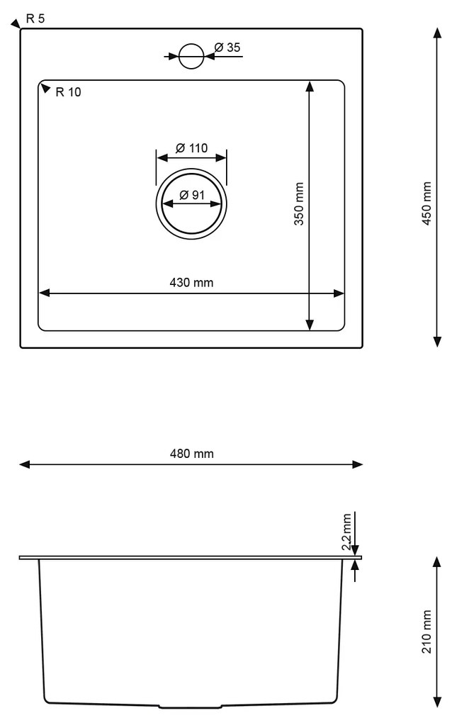 Erga HD, 1-komorový ocelový dřez 480x450x210 mm, ocelová, ERG-MLS-HD4845