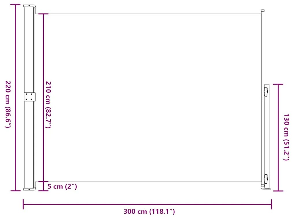 vidaXL Marketos Zatahovací boční markýza 220 x 300 cm šedá