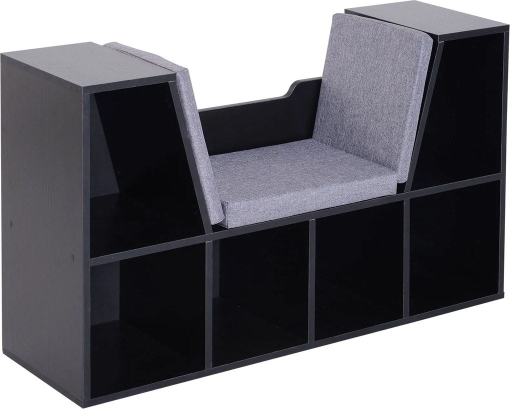 HOMCOM Dvoudílná knihovna s moderním designem a lavičkou, 6 přihrádek a 3 polštáře, 102D x 30Š x 61V cm, Černá Šedá | Aosom