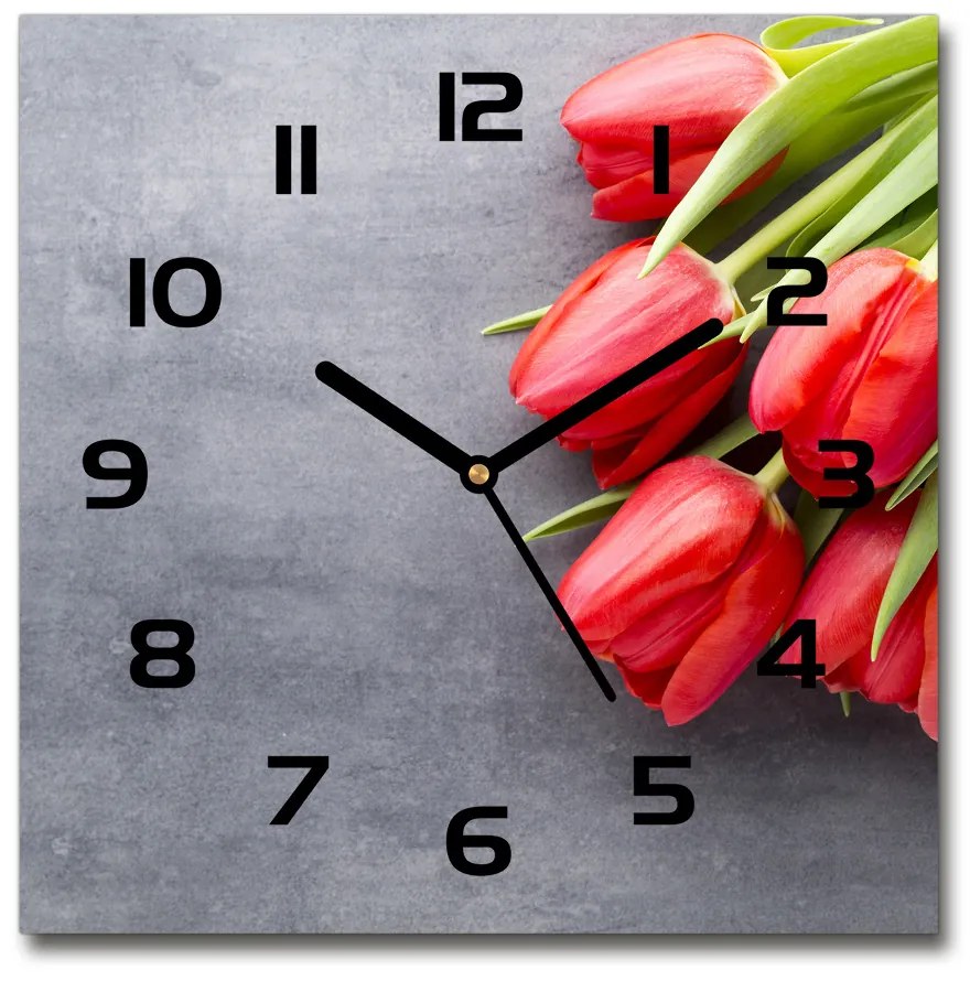 Wallmuralia Skleněné hodiny čtverec Červené tulipány 30x30 cm