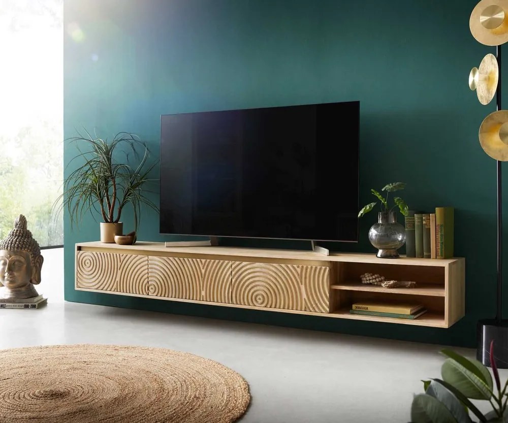 TV stolek Budaya mango přírodní 220 cm 3 dvířka 2 přihrádky závěsné