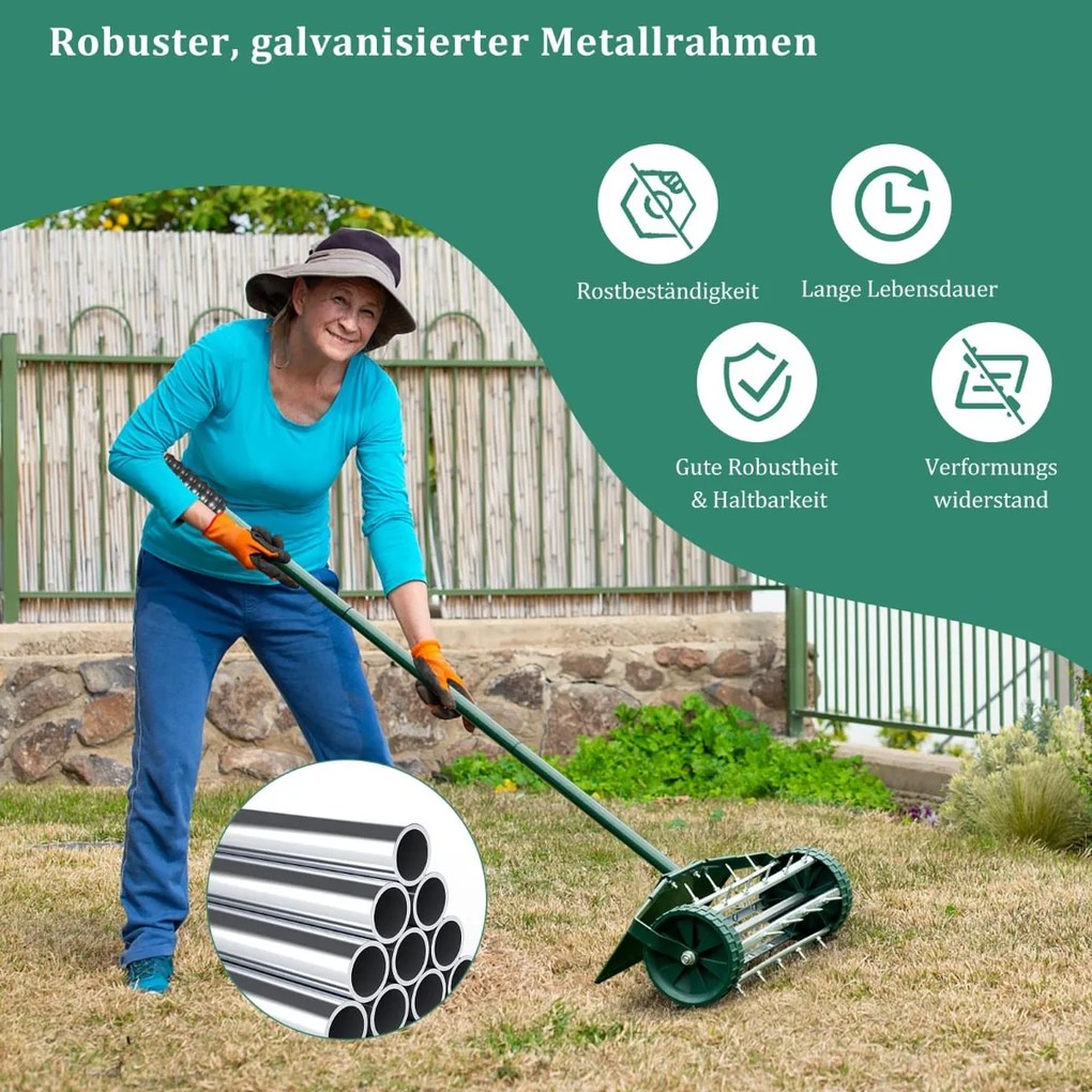 Costway Provzdušňovač trávníku válec na trávník s rukojetí a 3 cm hřebíky