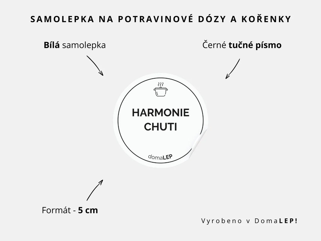 HARMONIE CHUTI - omyvatelná samolepka na kořenky, výběr rozměrů Ø 5 cm / 5 x 5 cm / 6 x 8 cm | DomaLEP tvar: OBDÉLNÍK, barva: BÍLÁ - ČERNÉ písmo, velikost: š. 6 cm x v. 8 cm - tučné písmo