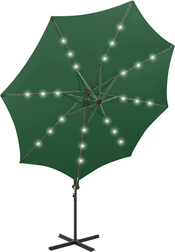 Boční zahradní slunečník s tyčí a LED světly zelený 300 cm 312337