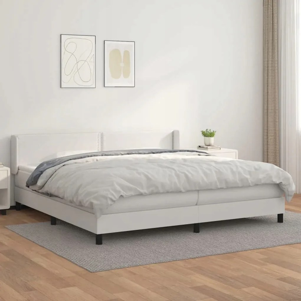 Box Spring Postel S Matrací Umělá Kůže Bílá Hladké s hřebíky 200 x 200 cm