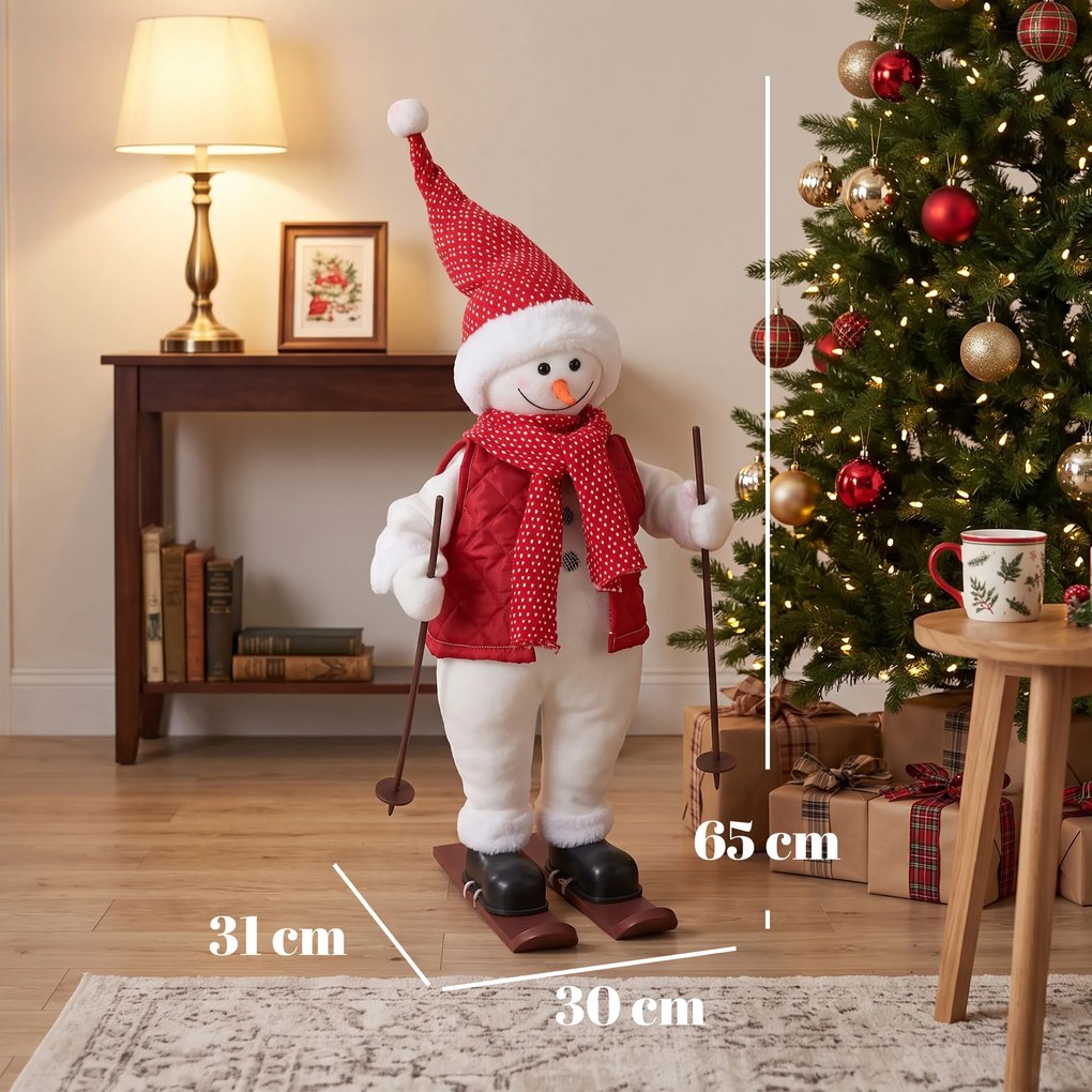 HOMCOM Zpívající lyžařský Santa Claus, 65 cm, animovaná vánoční postava se lyžemi, holemi a aktivací zvukem / dotykem