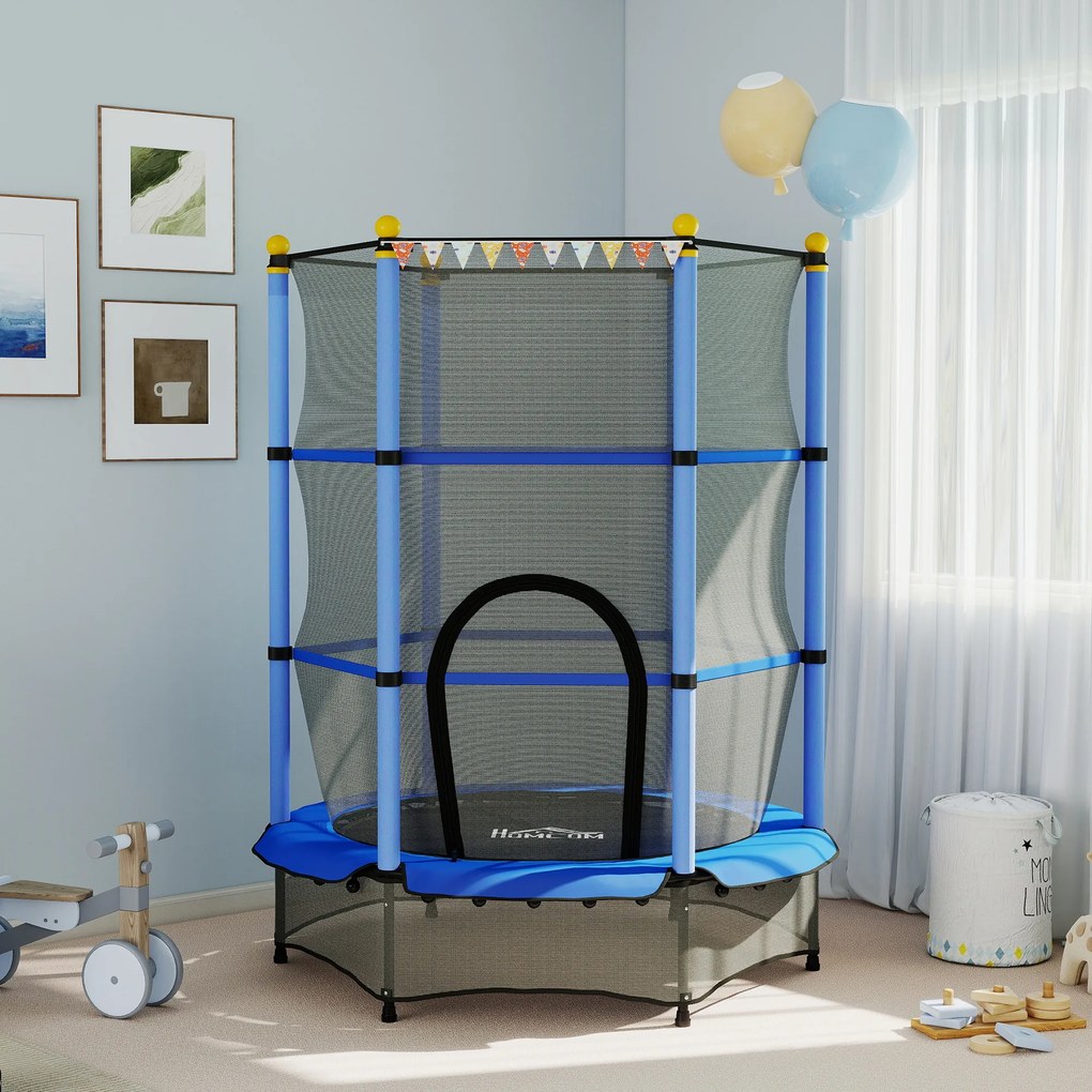 HOMCOM Dětský Trampolína Ø140 cm, Trampolína s Ochrannou Síťkou, Krytem Okrajů, Zahradní Trampolína pro Děti 3-10 Let, Do 50 kg, Modrá