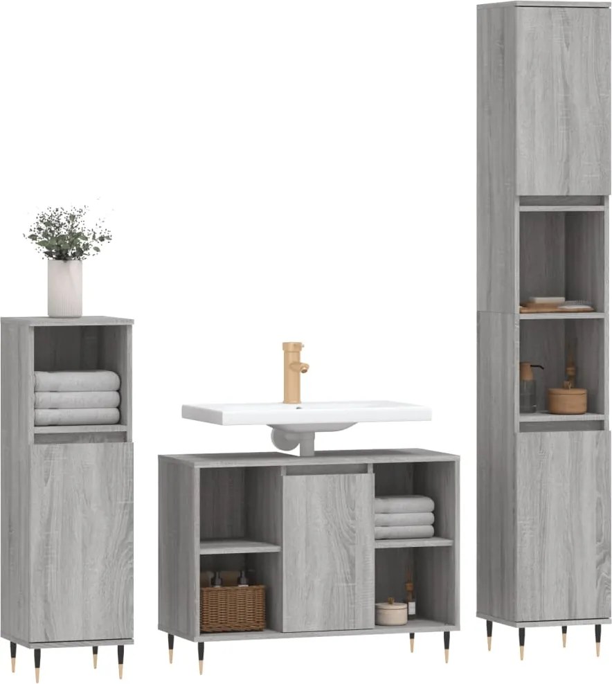 3dílný set koupelnového nábytku šedý sonoma kompozitní dřevo 3190297