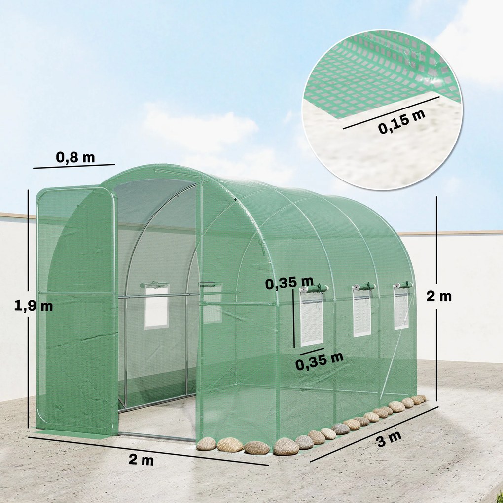 Outsunny Skleník 3 x 2 m fóliový skleník s uzamykatelnými dvířky 6 rolovacích oken ze síťoviny Podpěrné tyče