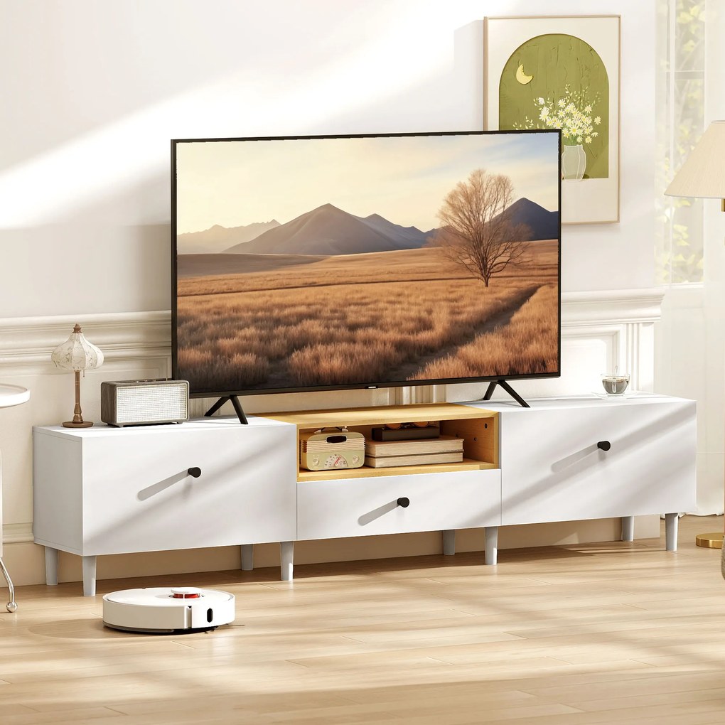 HOMCOM televizní nábytek, TV stolek pro televize až do 228,6 cm s 2 výklopnými dvířky, zásuvkou, 200 x 35 x 45 cm, bílý