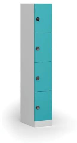Šatní skříňka s úložnými boxy, 4 boxy, 1850 x 300 x 500 mm, kódový zámek, zelené dveře