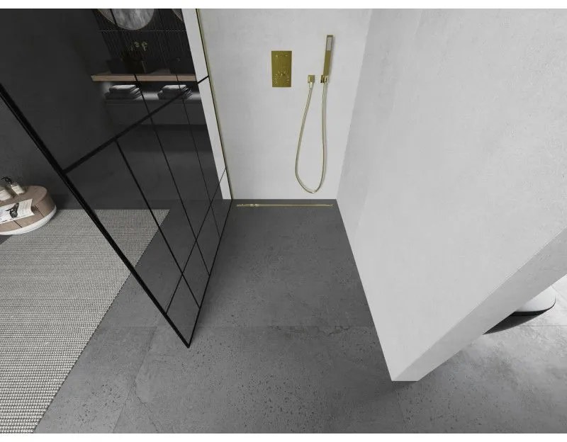 Mexen Kioto, sprchová zástěna Walk-In 100 x 200 cm, 8mm čiré sklo černý vzor, zlatý matný profil, 800-100-101-55-78