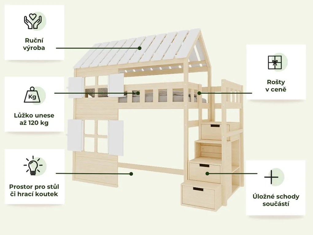 Benlemi Zvýšená postel CHALOUPKA s úložnými schody 90x200 cm Zvolte barvu: Transparentní lazura s bílými prvky, Zvolte stranu: Vpravo