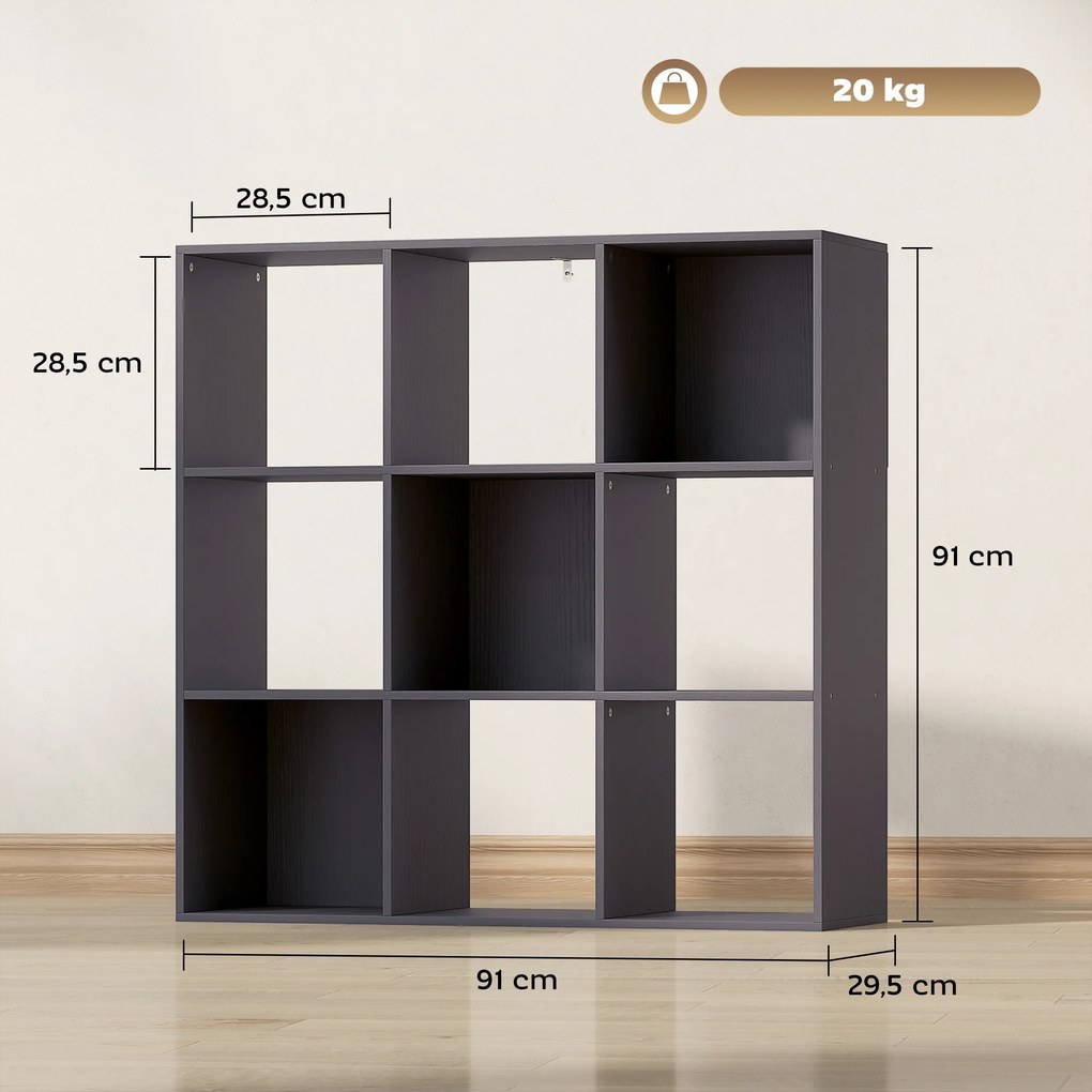 HOMCOM knihovna, třípatrový úložný regál s 9 přihrádkami, do obývacího pokoje, kanceláře nebo ložnice, 91 x 29,5 x 91 cm, šedá