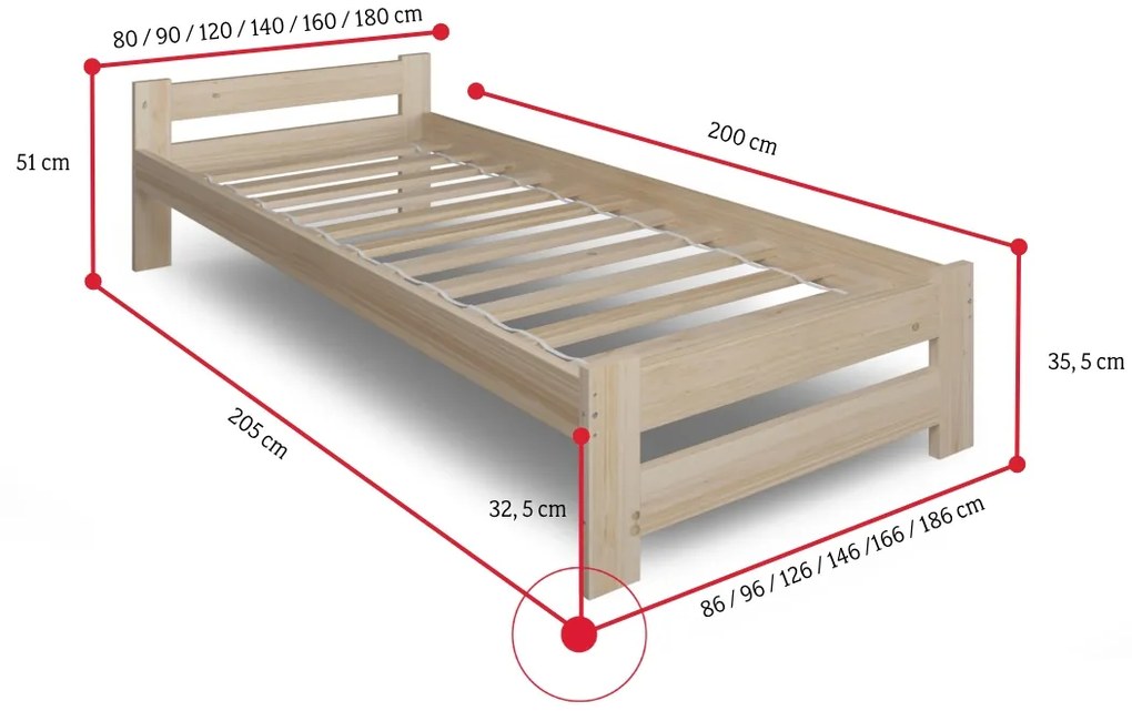 Postel z masivu EURO + pěnová matrace COMFORT 14 cm + rošt ZDARMA, 140x200, přírodní lak