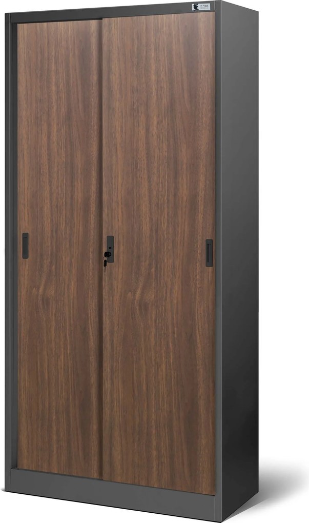 Kovová kancelářská skříň s posuvnými dveřmi, antracit/ořech, 900x1850x400 mm: KUBA Eco Design