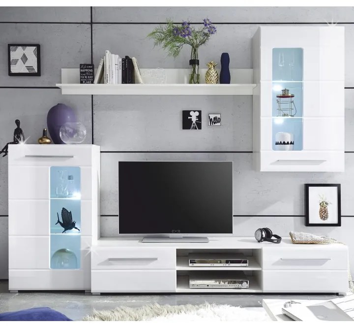 Lesklá obývací stěna v bílé barvě v kombinaci se sklem TK308