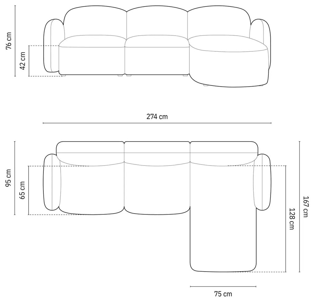MUZZA Rohová pohovka Claire 274 cm pravá chenille černá