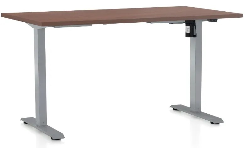 Výškově nastavitelný stůl OfficeTech A, 140 x 80 cm, šedá podnož, ořech