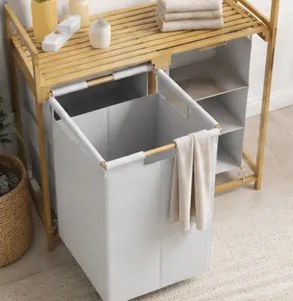 koš na prádlo, objem 83 l, bambus/látka, 70x70x36 cm, přírodní/krémová, Dekorino KP20260028