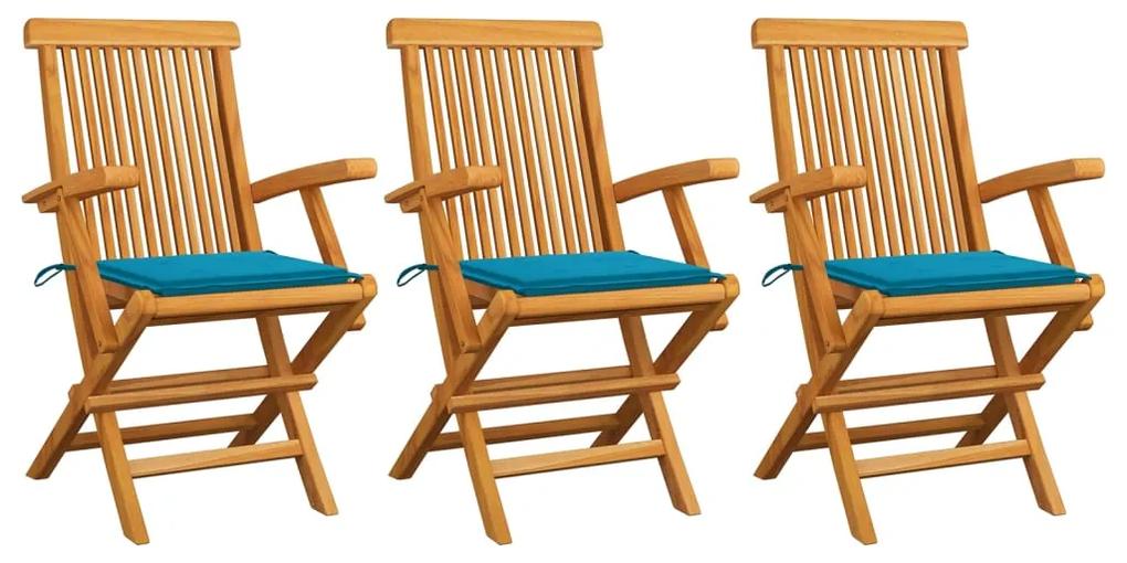 3062518 vidaXL Zahradní židle s modrými poduškami 3 ks masivní teak