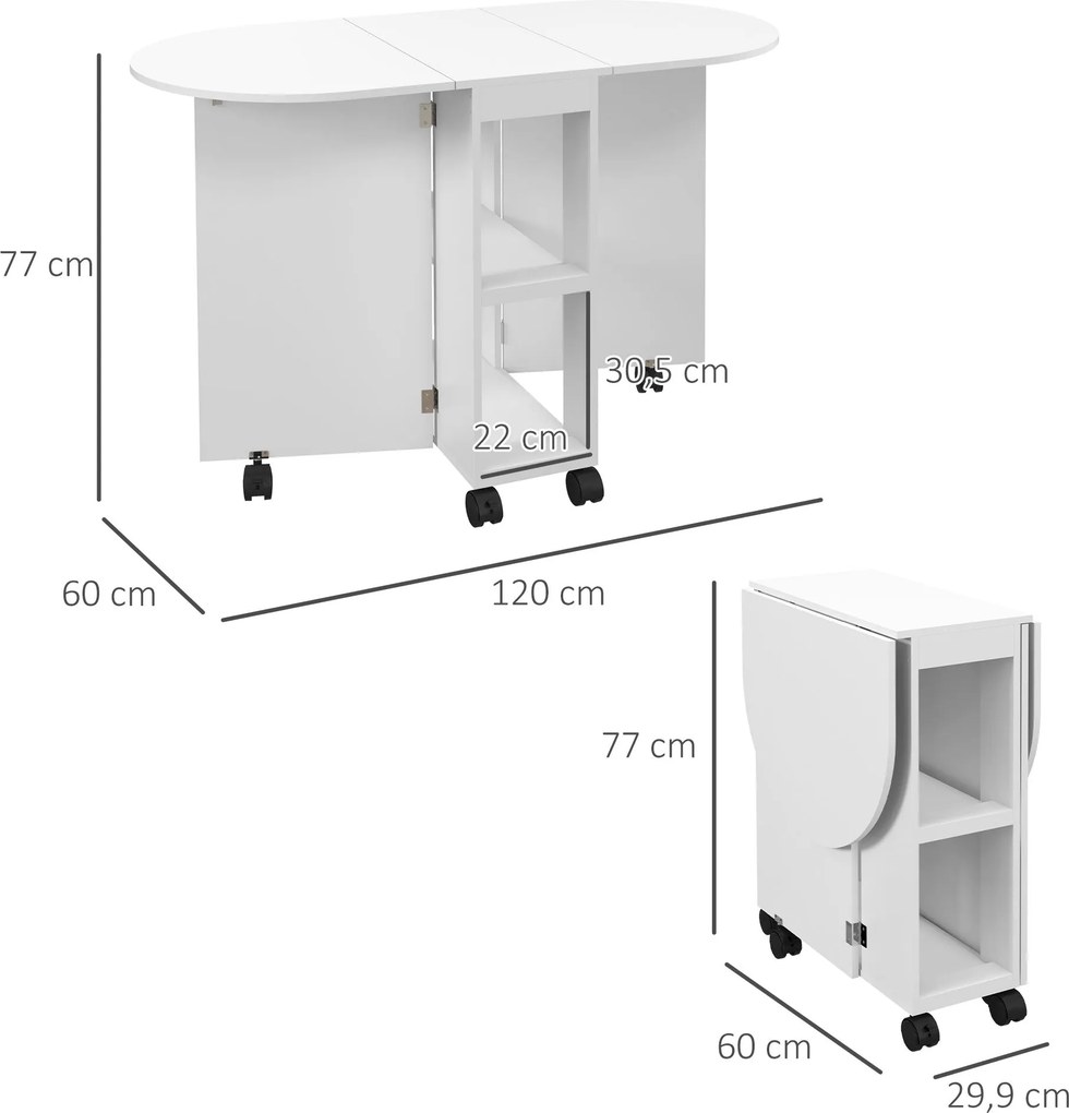 HOMCOM Skládací jídelní stůl na kolečkách s rozkládacími bočnicemi a 2 otevřenými policemi, moderní styl, nosnost 80 kg, 120x60x77 cm, bílý