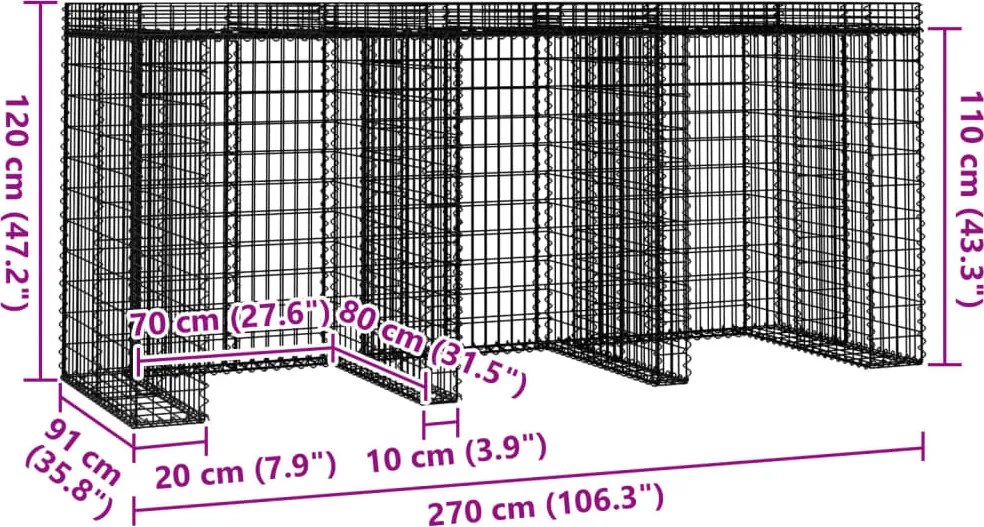 vidaXL Gabionová stěna na popelnice 270x91x120 cm pozinkované železo [151337]
