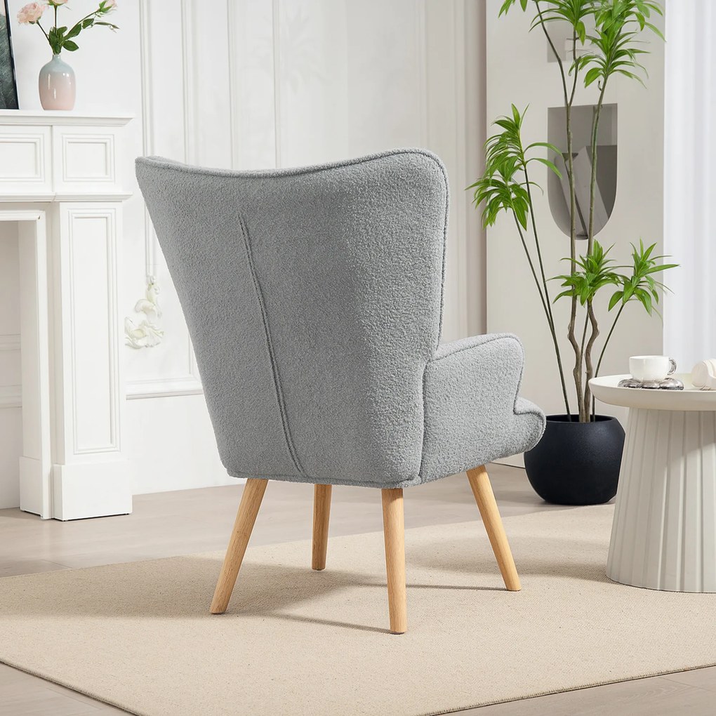 HOMCOM Křeslo s Boucle Potahem, Moderní Čalouněné Křeslo se Dřevěnými Nohy, Ergonomické Opěradlo a Područky, pro Jídelnu, Obývací Pokoj, Ložnici, Kan…