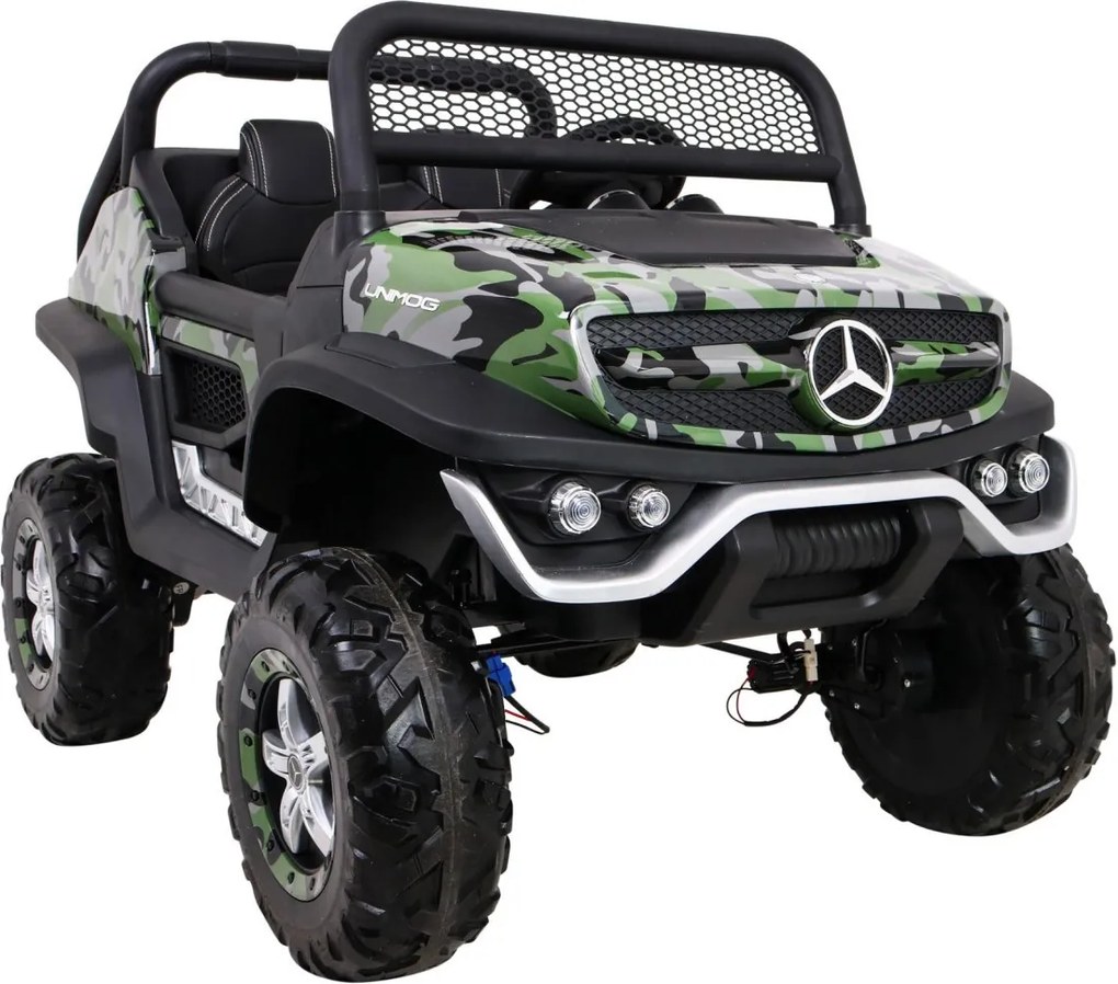 Ramiz Mercedes Benz Unimog elektrické autíčko pro děti maskáčové + pohon 4x4 + dálkové ovládání + nosič zavazadel + pomalý start + rádio MP3 + LED