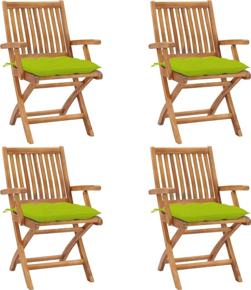 vidaXL Skládací zahradní židle s poduškami 4 ks masivní teak [3072738] Barva: Jasně zelená