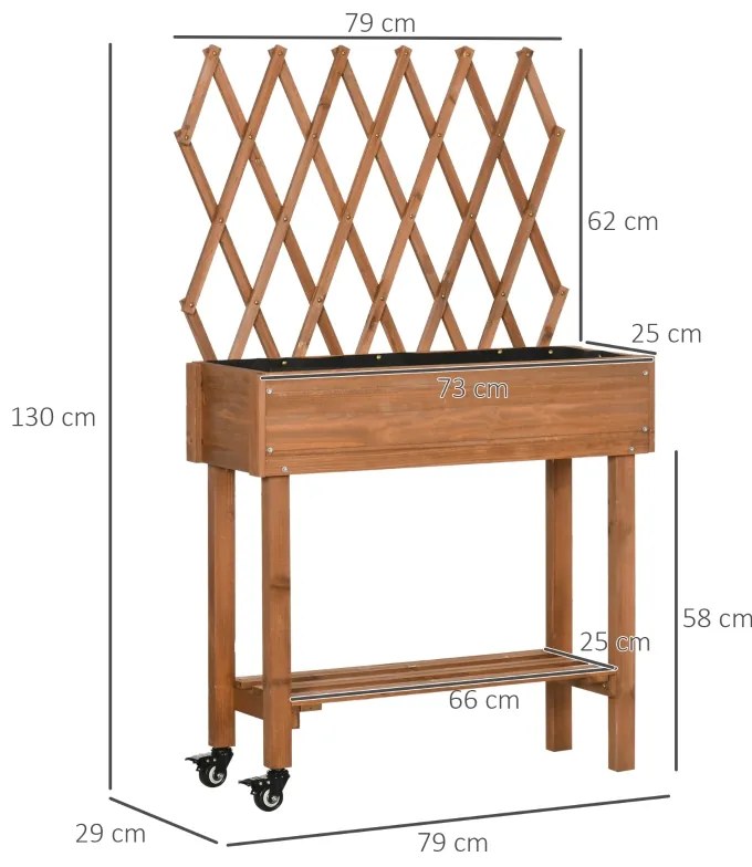 Outsunny Vyvýšený květináč / záhon s odkládací policí a kolečky, dřevo masiv, 79 x 29 x 130 cm 845-899V00BN