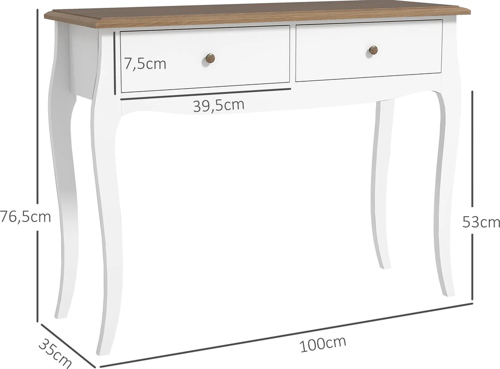 HOMCOM Zrcadlový stolek do předsíně s 2 zásuvkami v francouzském stylu pro chodbu, ložnici a obývací pokoj 100x35x76,5 cm Bílá a tmavě hnědá