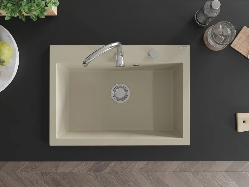 Mexen Elix granitový dřez 1-komorový 700 x 500 mm, béžový, sifon chrom - 6526701005-69