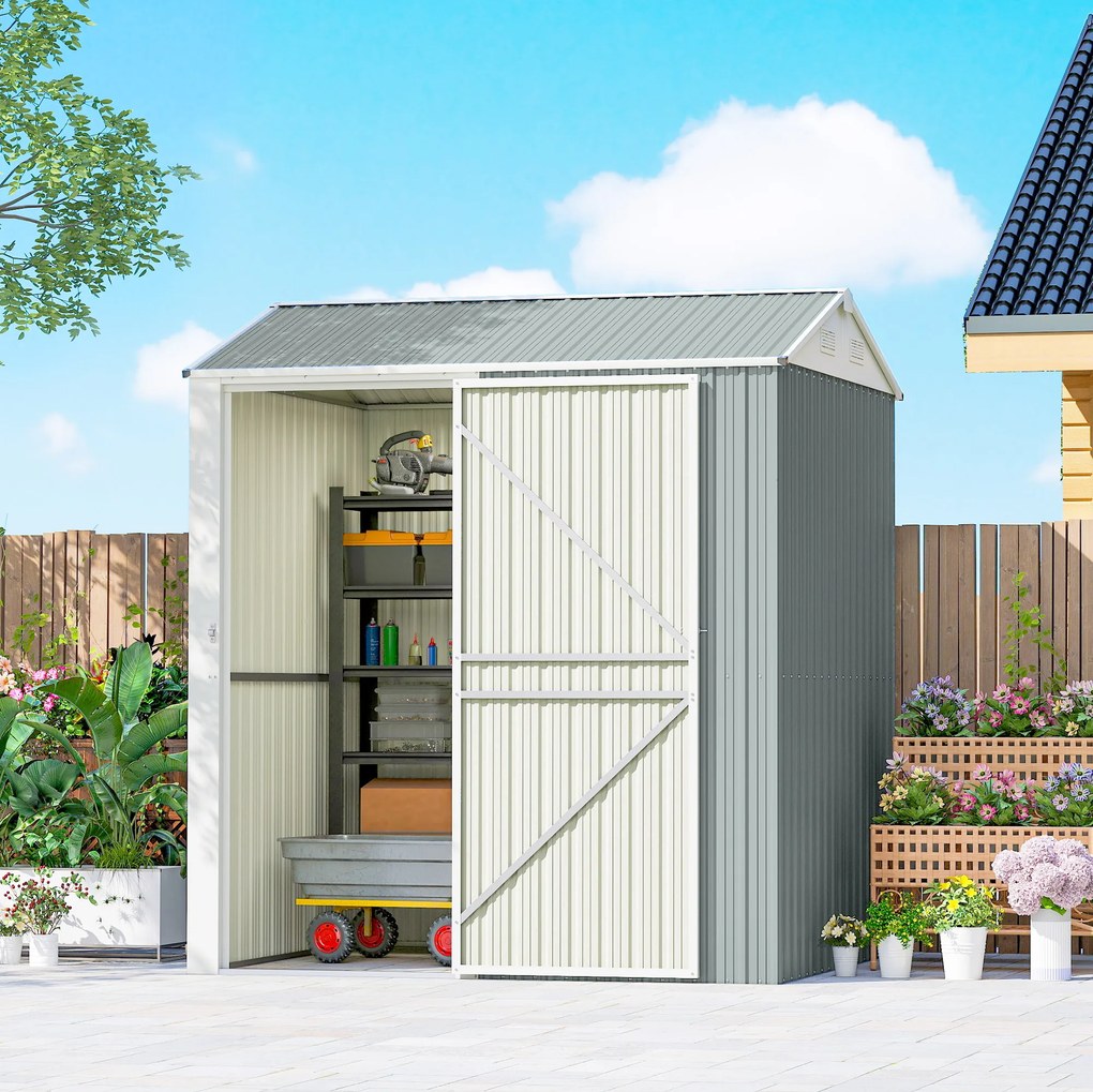 Outsunny kovový zahradní domek na nářadí 3,5 m² – vysoký uzamykatelný zahradní domek se štítnou střechou, větráním a rukavicemi v balení, 209 x 177 x…