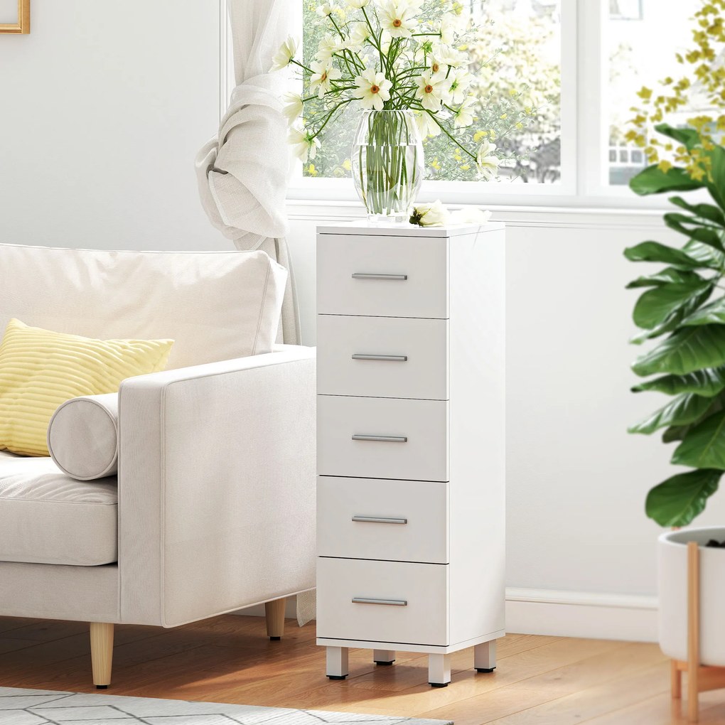 HOMCOM komoda s 5 zásuvkami, úzká moderní úložná skříň do ložnice, předsíně nebo obývacího pokoje, 30 x 95 cm, bílá