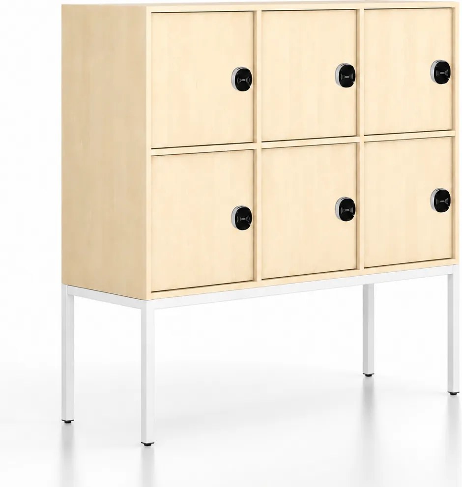 Kancelářská skříň FRAME, nízká, bílá podnož, 6x dveře, 1299 x 450 x 1331 mm, RFID zámek, bříza