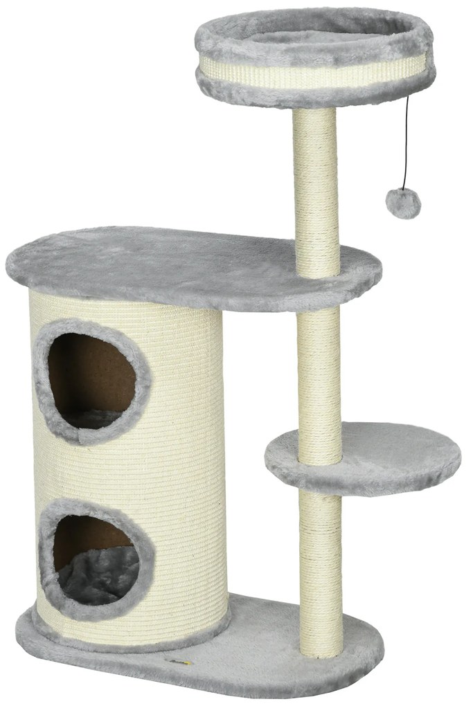 Škrabadlo PawHut pro kočky se 2 jeskyněmi, sisalovými provazy, několika plošinami, měkkým plyšem a míčkem, šedé, 59x35x100 cm