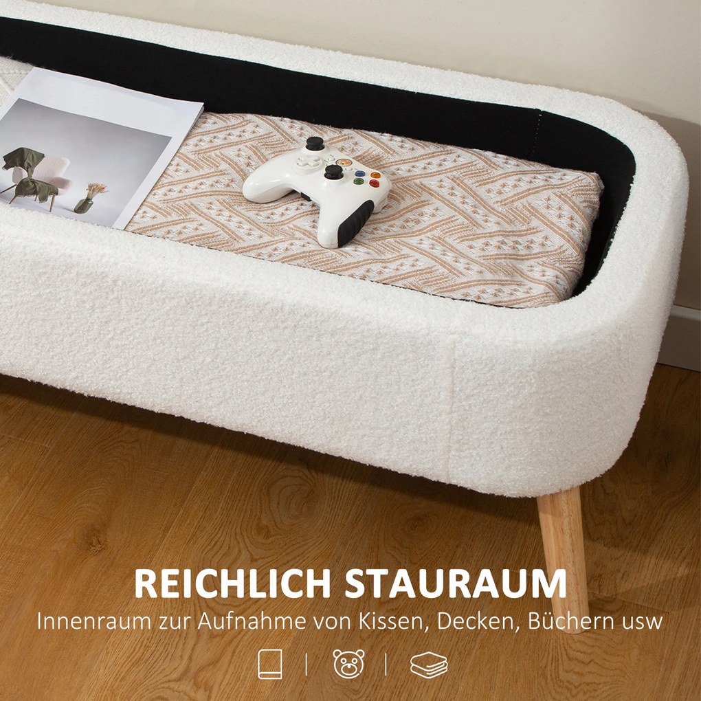 HOMCOM Úložná lavice, sedací lavice s úložným prostorem 65 l, materiál teddy-fleece, kaučukové dřevo, 120 x 42 x 45 cm, krémově bílá